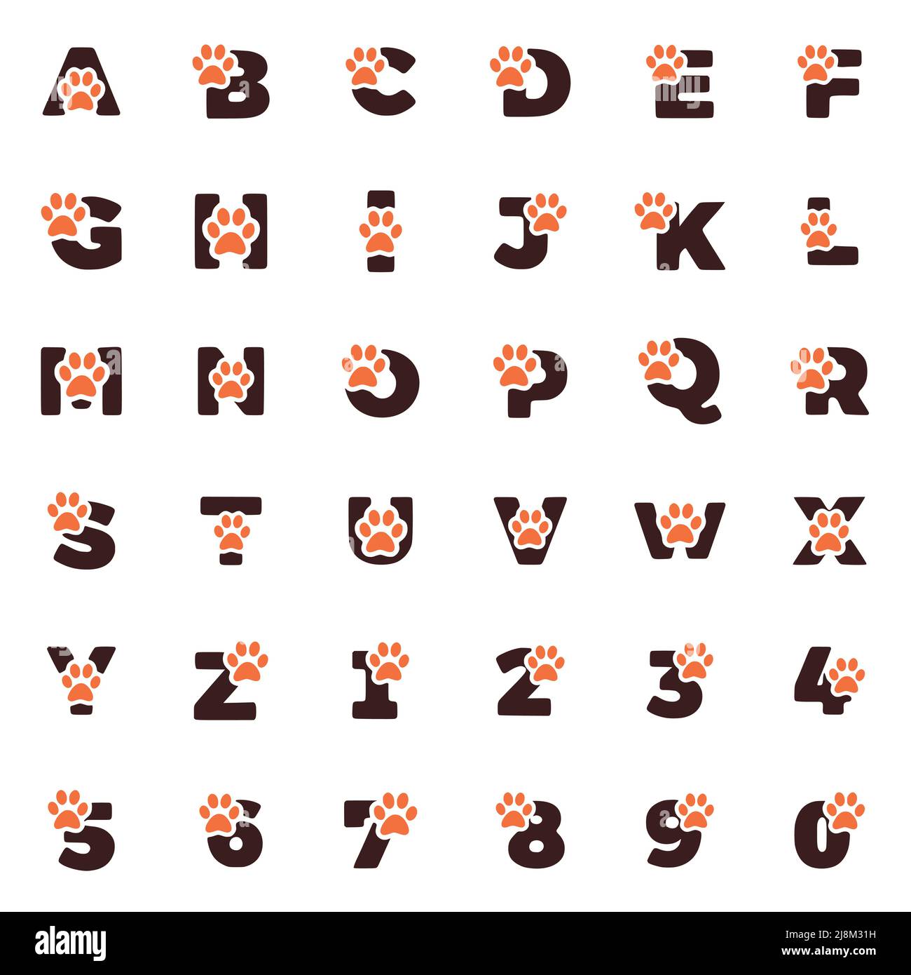 Set of creative letters and numbers with animal paw print symbol ...