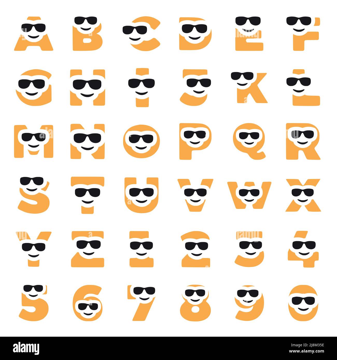 Set of cool character letters and numbers with glasses isolated on ...