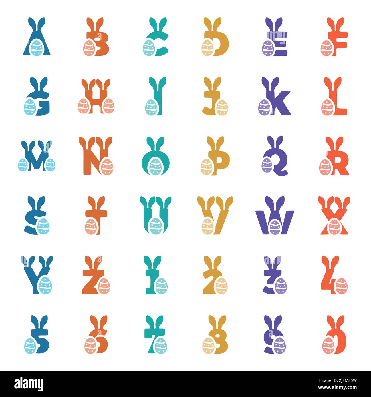 Vector set of funny character letters and numbers with bunny ears and ...