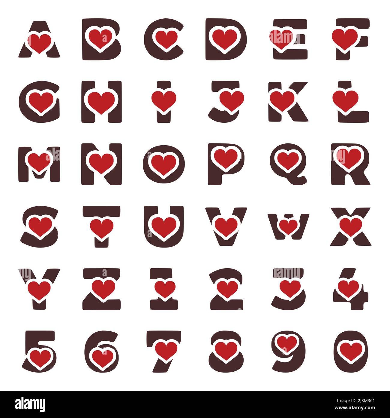 Vector set of letters and numbers with heart symbol isolated on white ...