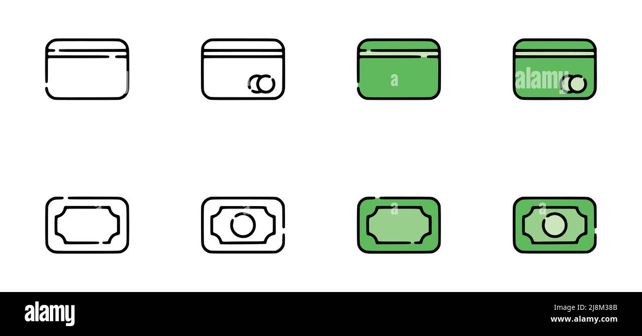 Vector set of bank card and banknotes in doodle style isolated on white ...