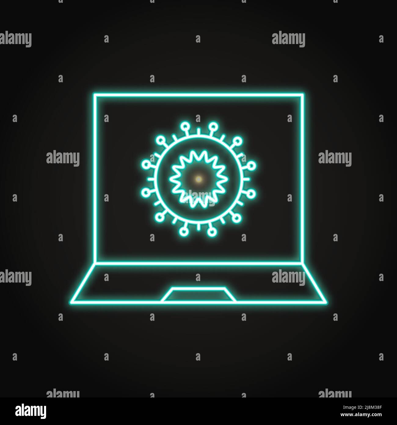 Computer monitor with virus symbol neon icon. Infected laptop symbol ...