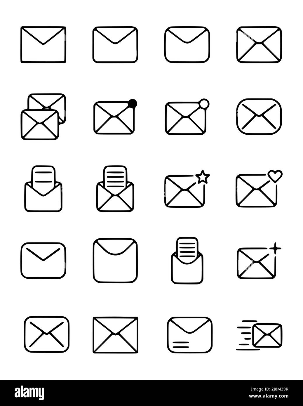 Vector set of envelopes in outline doodle style isolated on white ...
