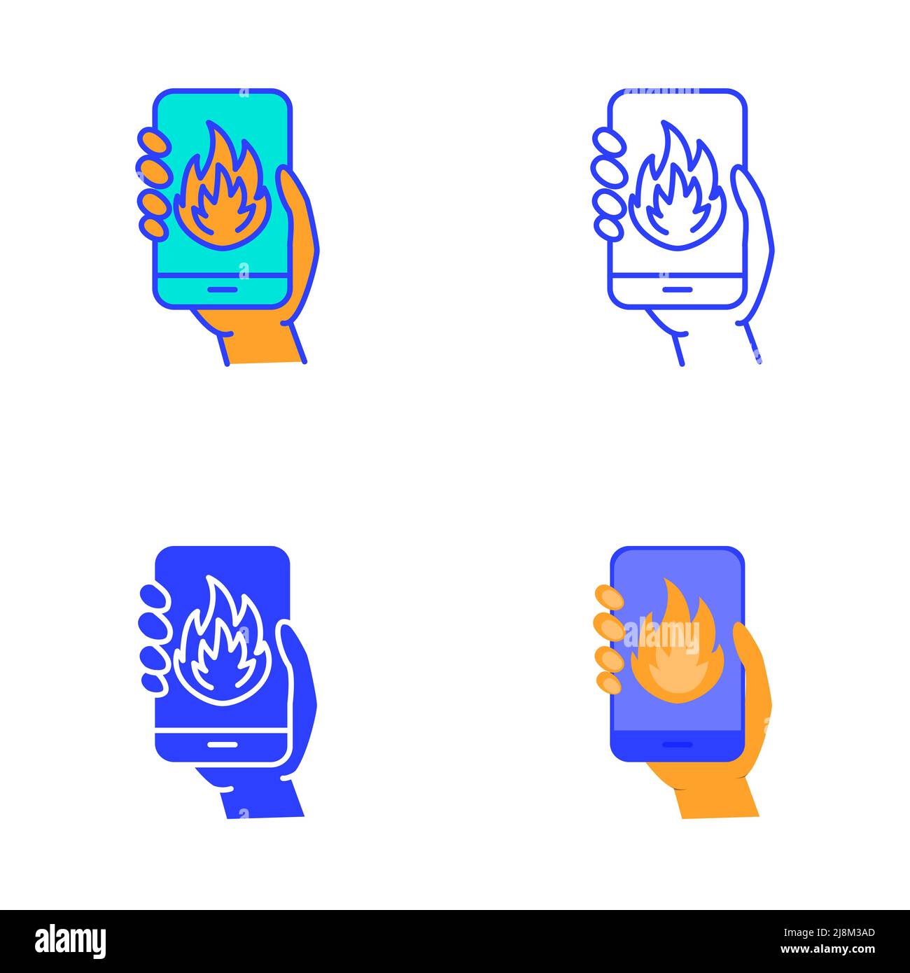 Hand holding smartphone with fire image icon set in flat and line style ...