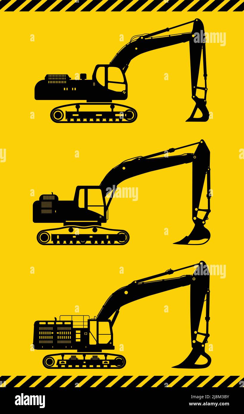 Detailed illustration of excavators, heavy equipment and machinery ...