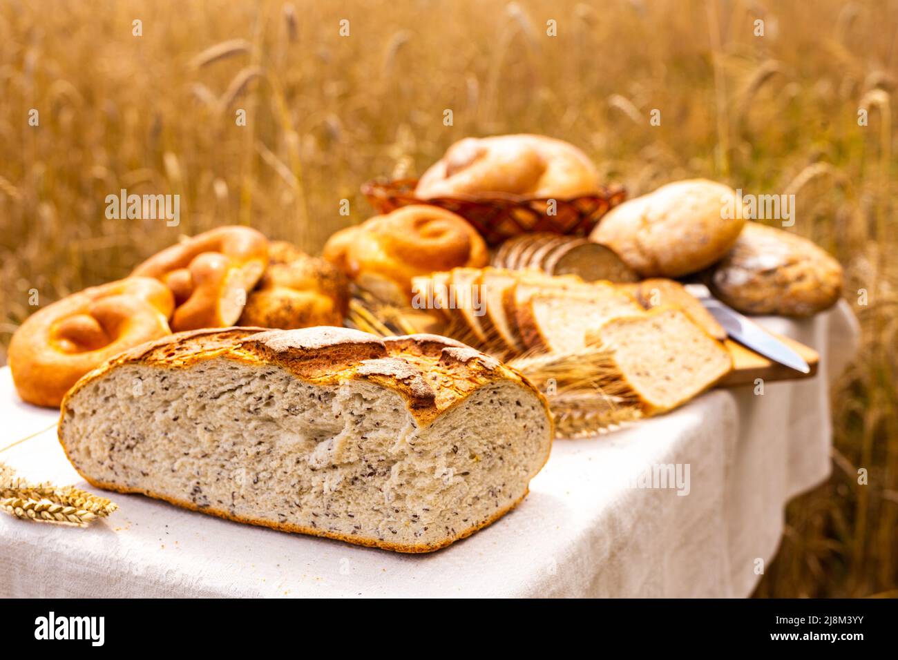 lot of different flavored bread, wheat, rye, on the table in the field ...