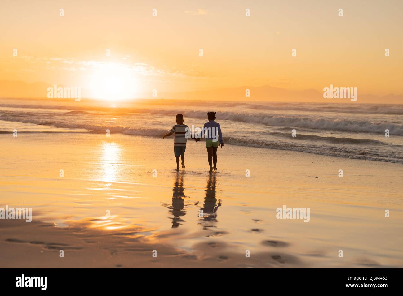 Rear view of african american siblings holding hands and walking on ...