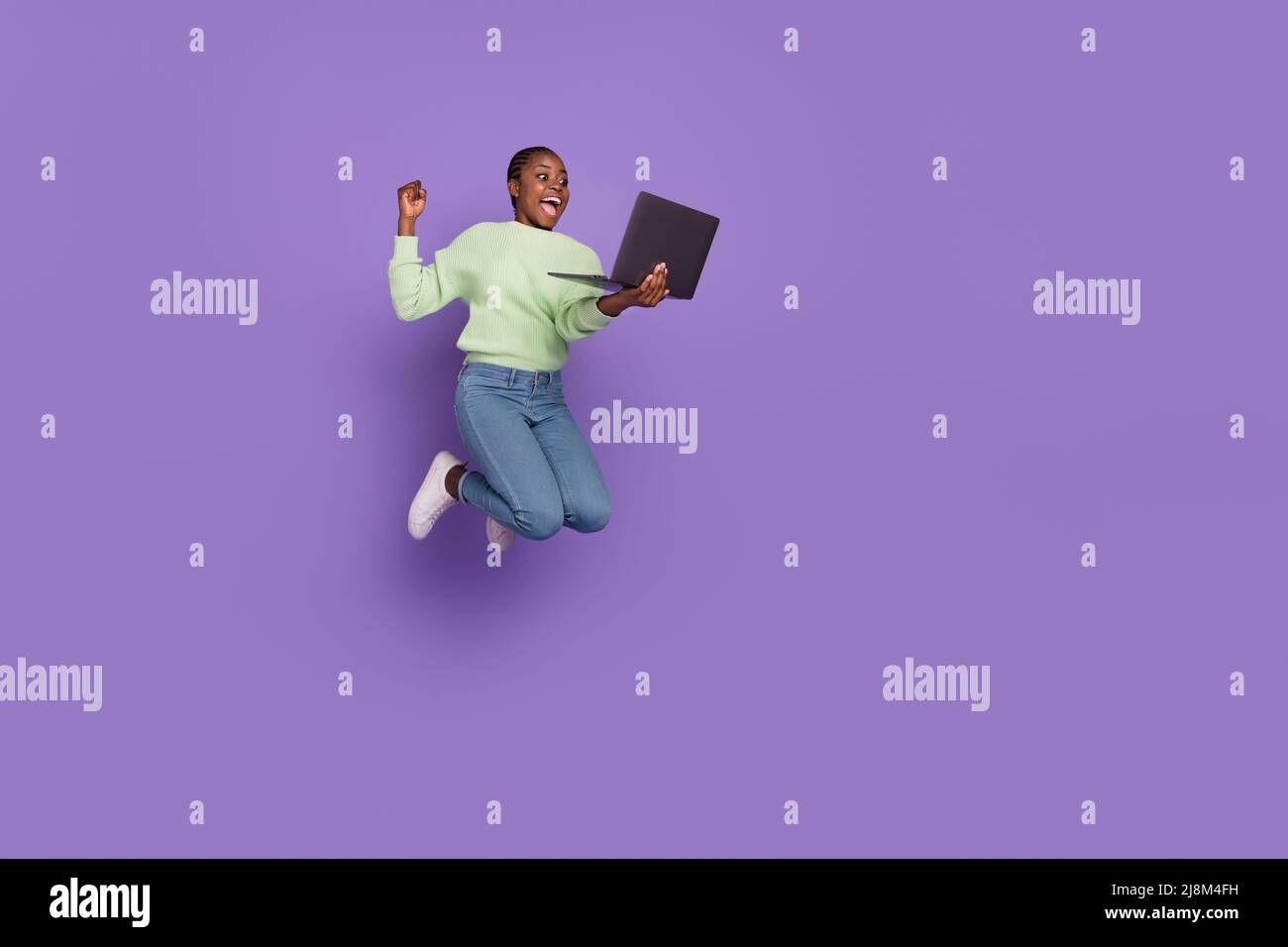 Full size photo of overjoyed screaming girl raise fists in victory win ...