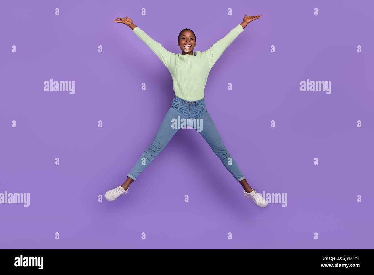 Full length photo of overjoyed cheerful expression lady jumping up have ...