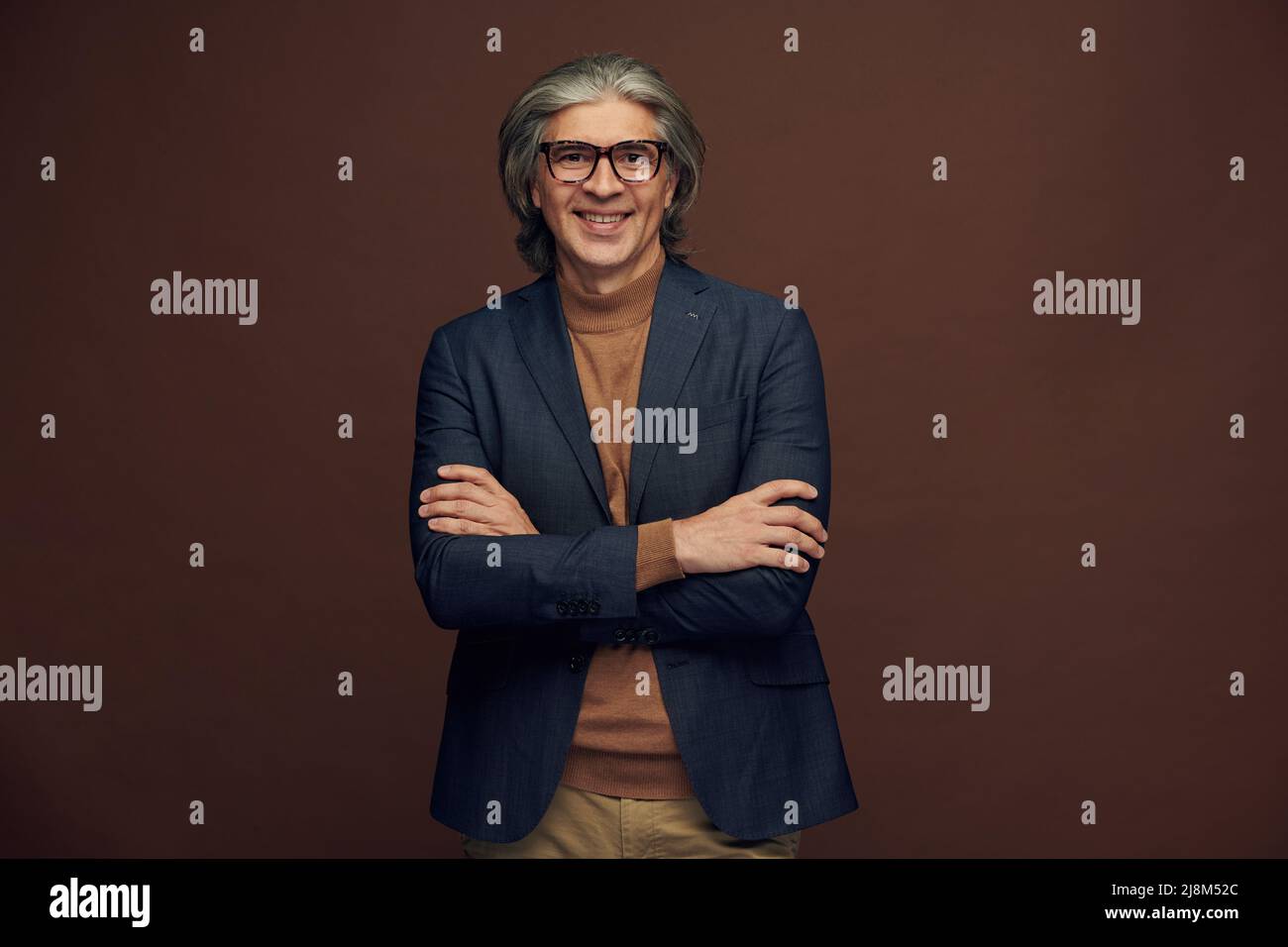 Portrait of serious pensive gray-haired CEO posing with eyeglasses ...