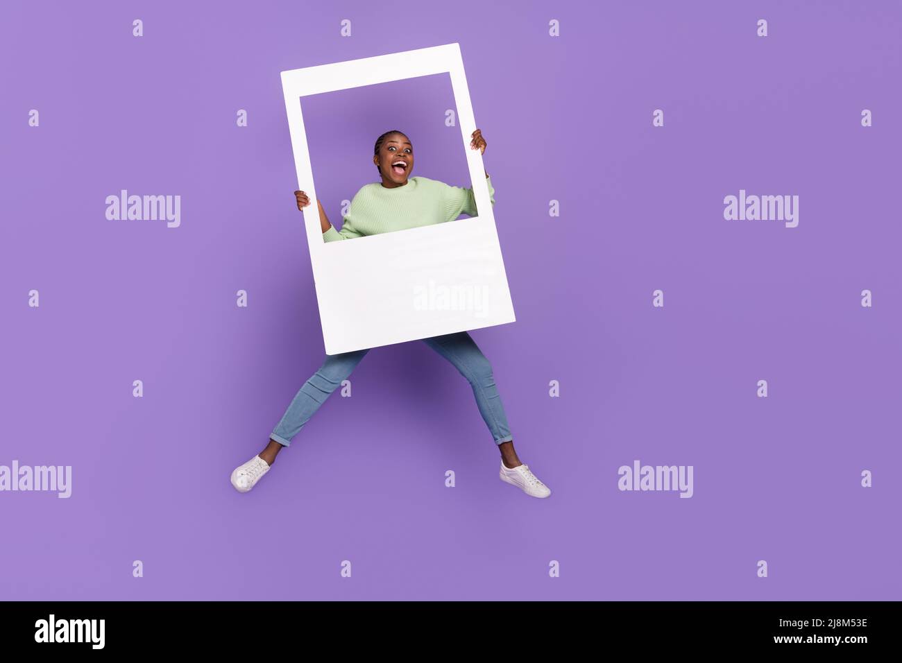 Full length photo of overjoyed good mood female take polaroid photo of ...