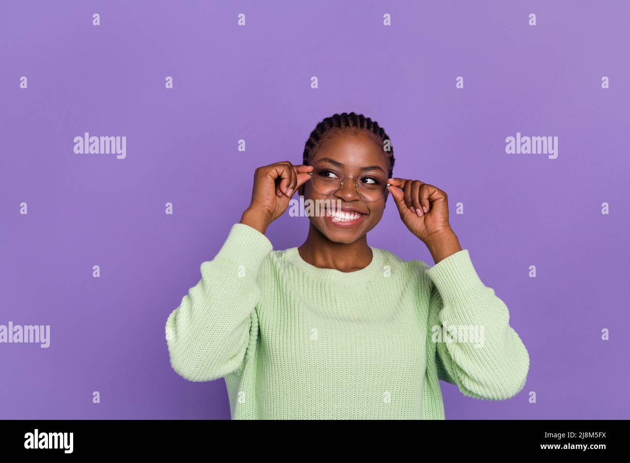 Photo of good mood lovely female in spectacles see promotional ad ...
