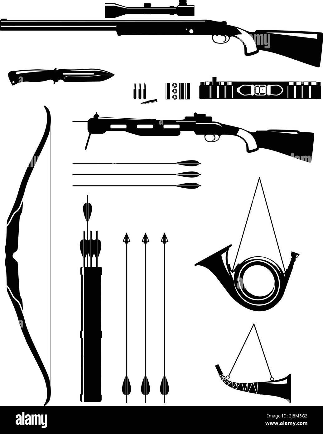 Silhouette illustration different hunting weapons and objects on white ...
