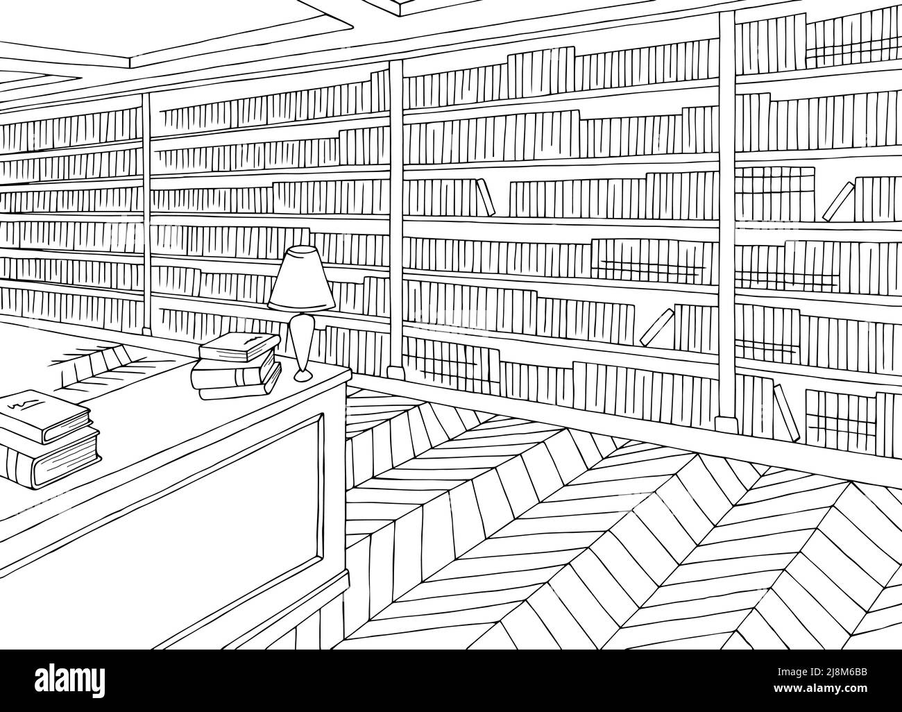 Library interior graphic black white sketch illustration vector Stock ...