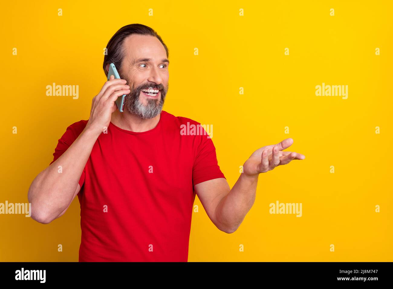 Photo of funny mature brunet man say telephone wear red t-shirt ...