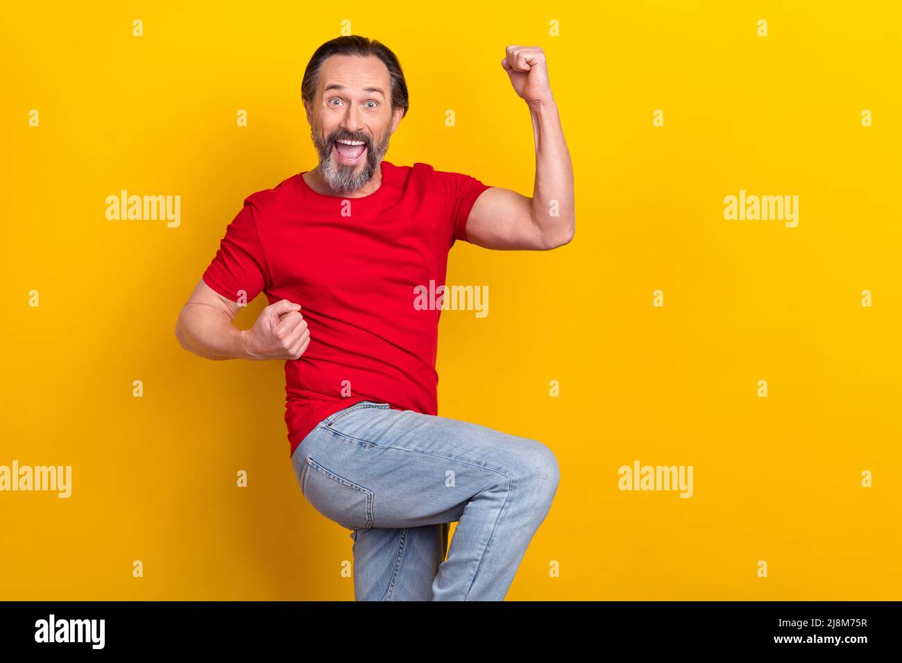 Photo of senior excited man rejoice luck triumph fists hands awesome ...