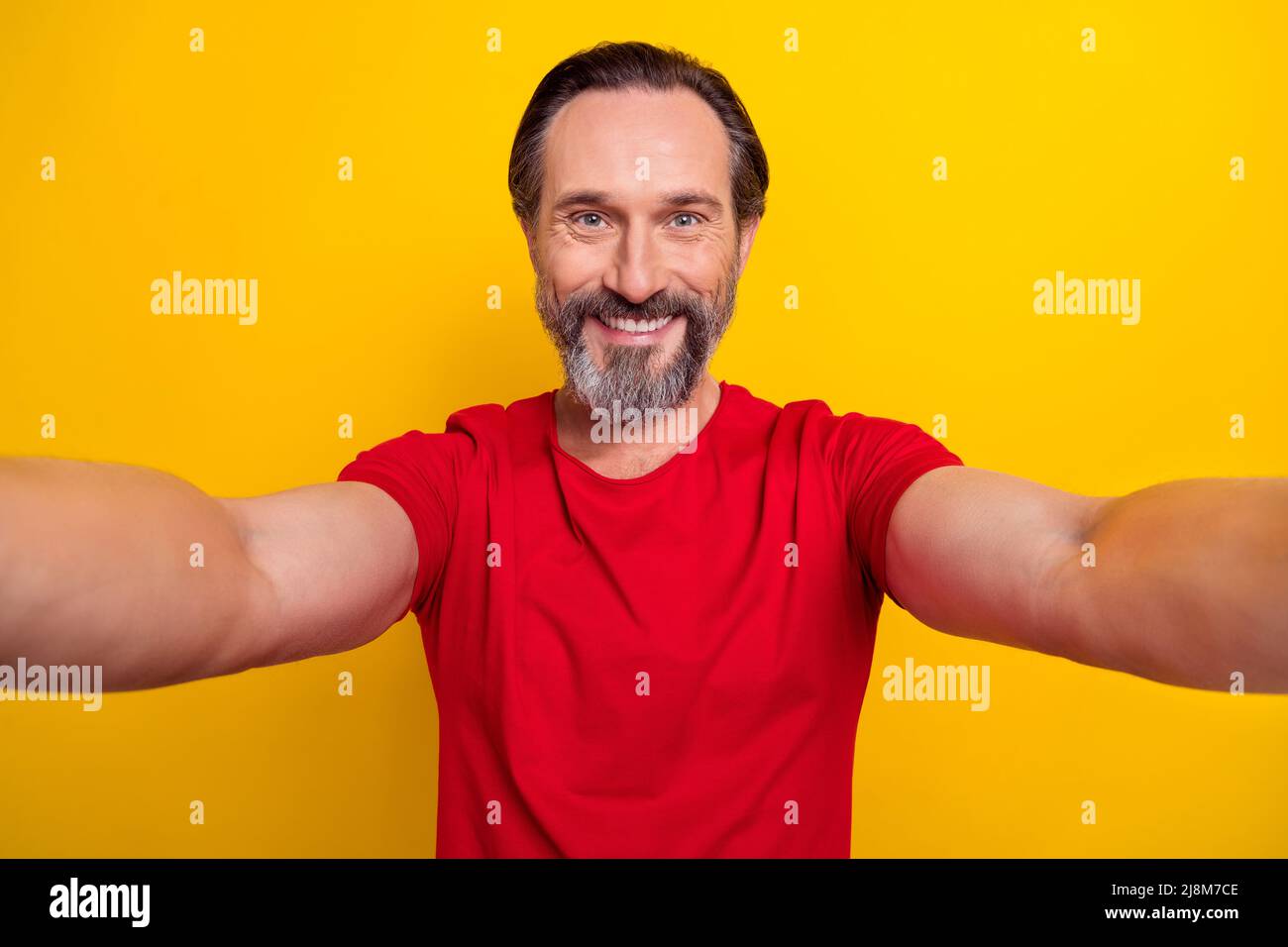 Photo of nice young brunet man do selfie wear red t-shirt isolated on ...