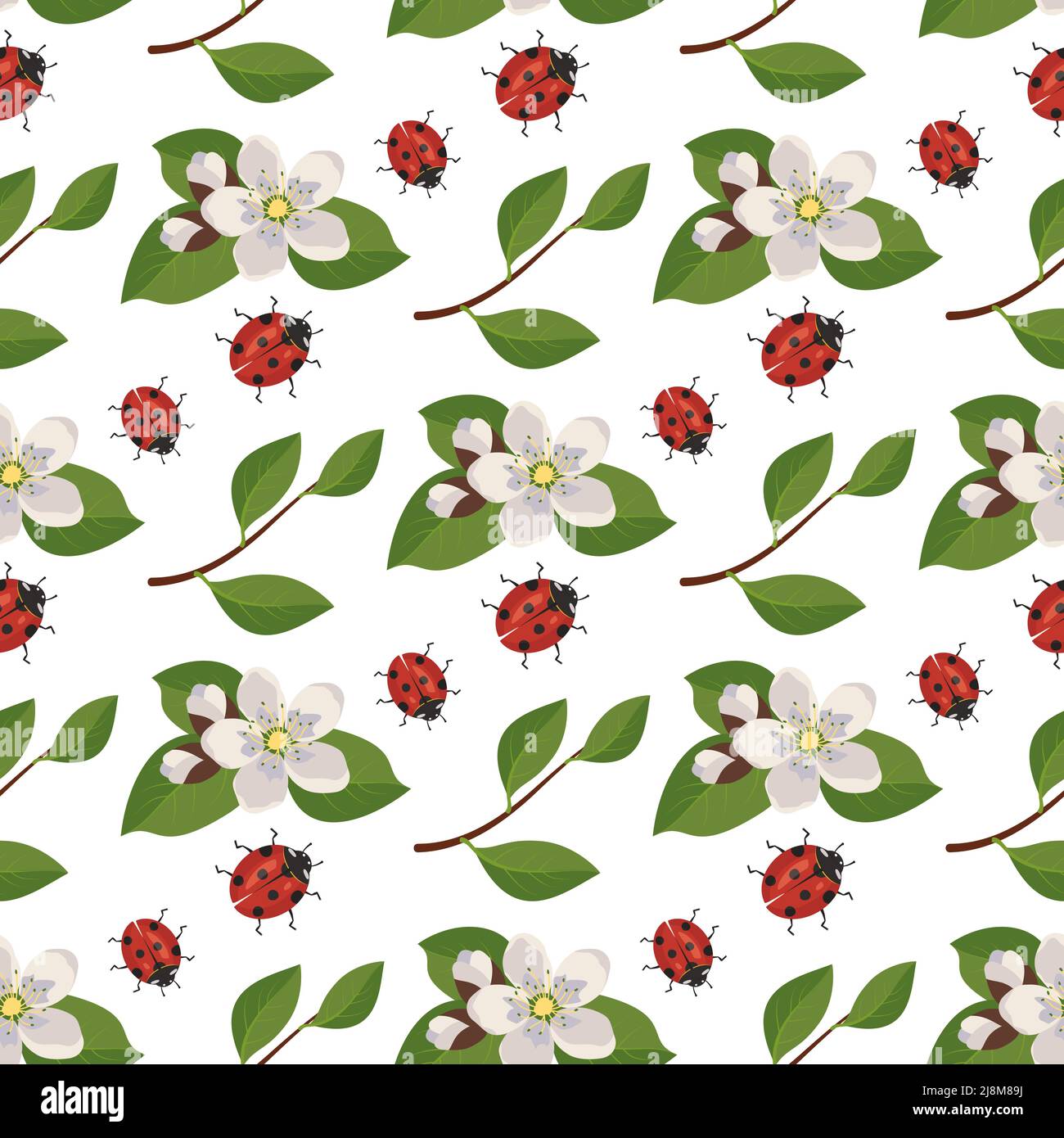 Seamless pattern with red ladybug and cherry flowers on branch with ...