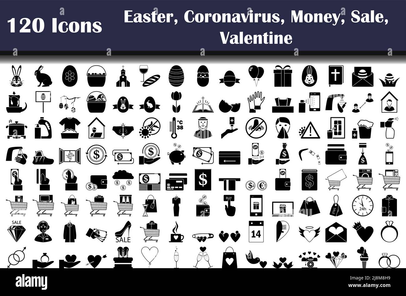 120 Icons Of Easter, Coronavirus, Money, Sale, Valentine. Fully ...