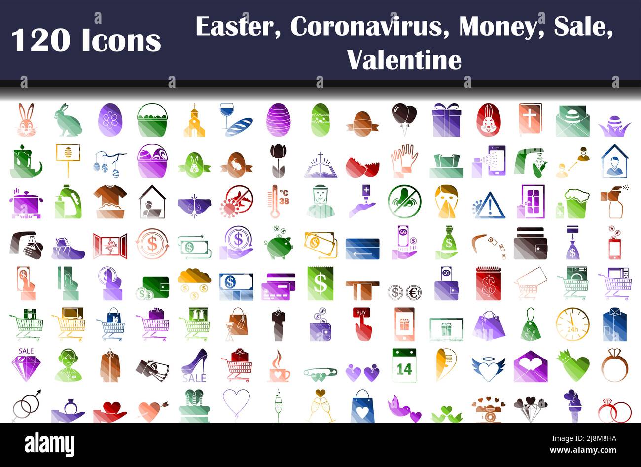120 Icons Of Easter, Coronavirus, Money, Sale, Valentine. Flat Color ...