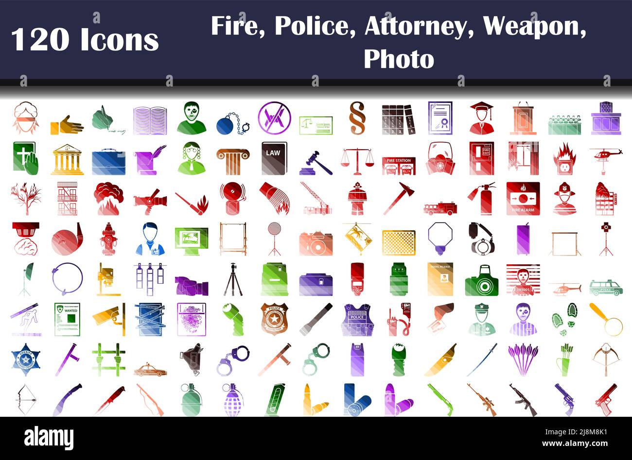 Set of 120 icons. Fire, Police, Attorney, Weapon, Photo themes. Flat ...