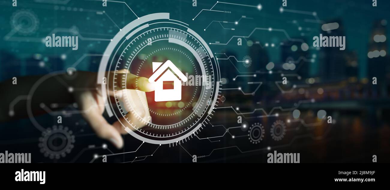 User hand touching circular futuristic digital interface of smart home ...