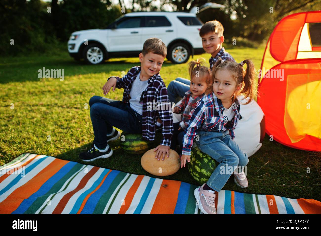 Four kids spending time together. Outdoor picnic blanket, sitting with ...