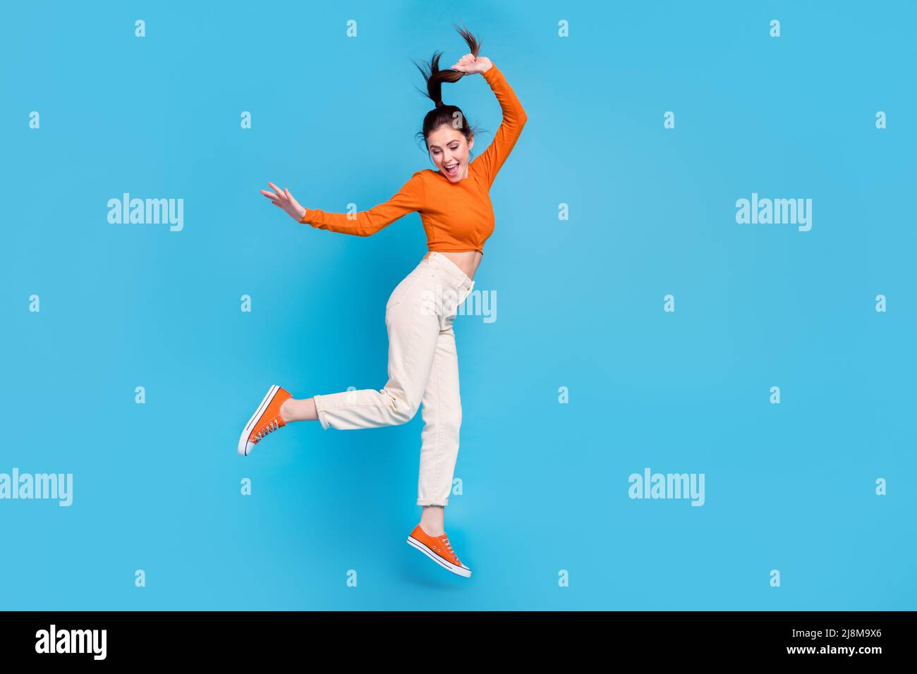 Full length image lady have fun dancing enjoy summer vacation holiday ...