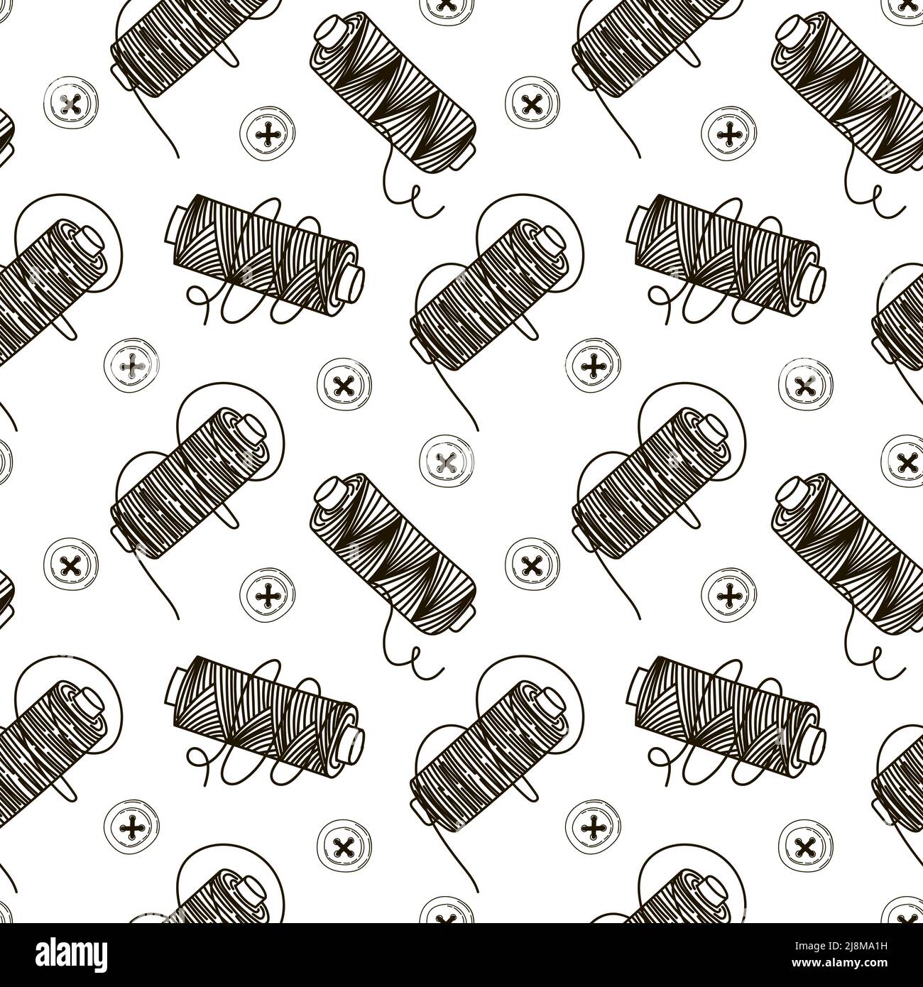 Seamless pattern of thread spools and buttons, hand-drawn doodles in ...