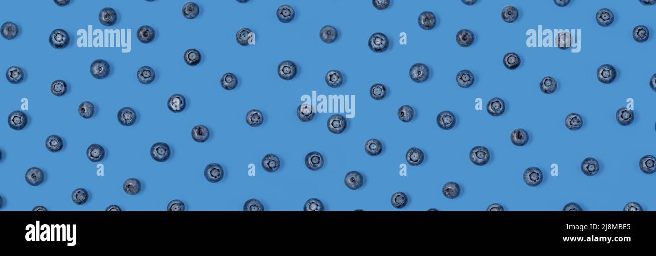 A colorful of blueberries is wide-format on a blue background. Top view ...