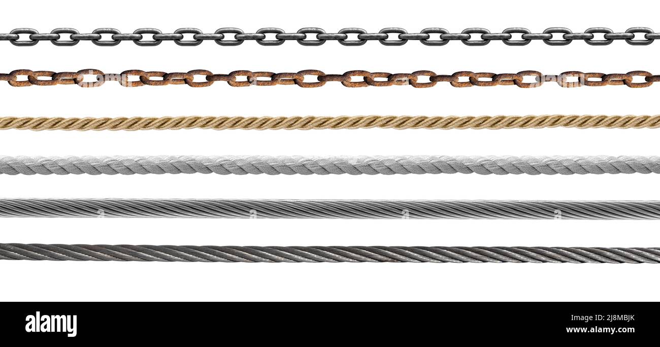 Steel cable , rope , metal chain isolated on white background Stock ...