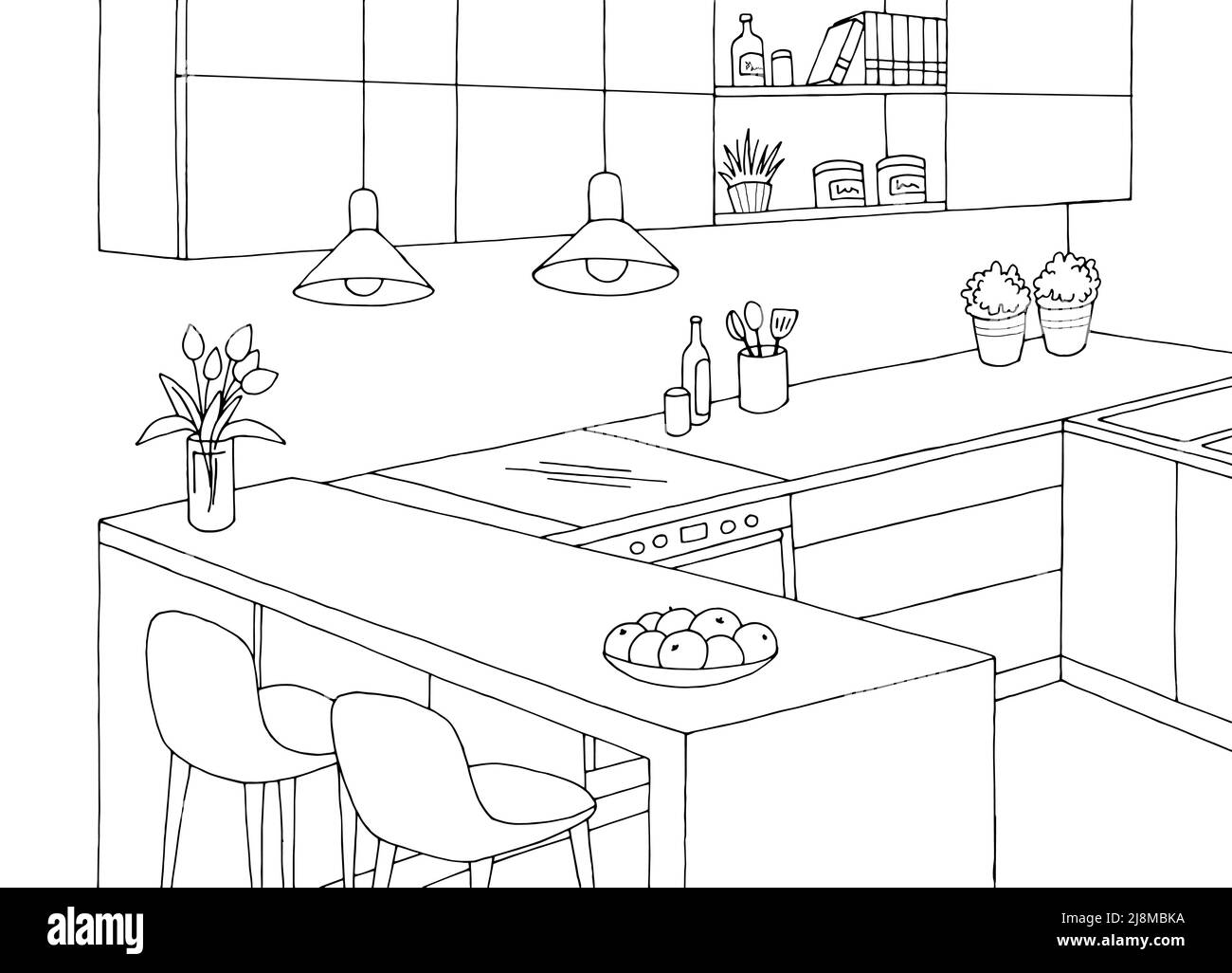 Kitchen room graphic black white home interior sketch illustration ... Kitchen room graphic black white home interior sketch illustration ...