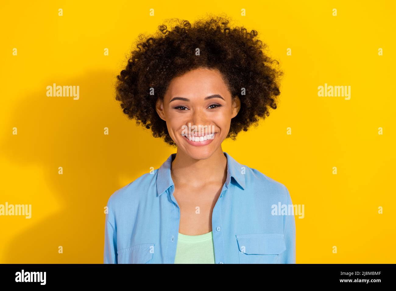 Photo of cheerful positive candid lovely lady shiny toothy smile wear ...