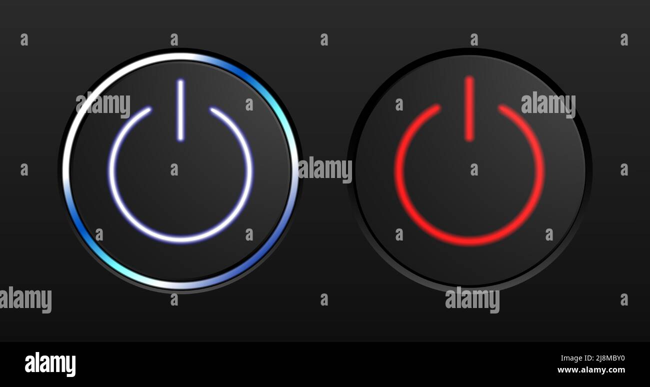 Power button realistic vector set. Blue and red neon light round shape ...