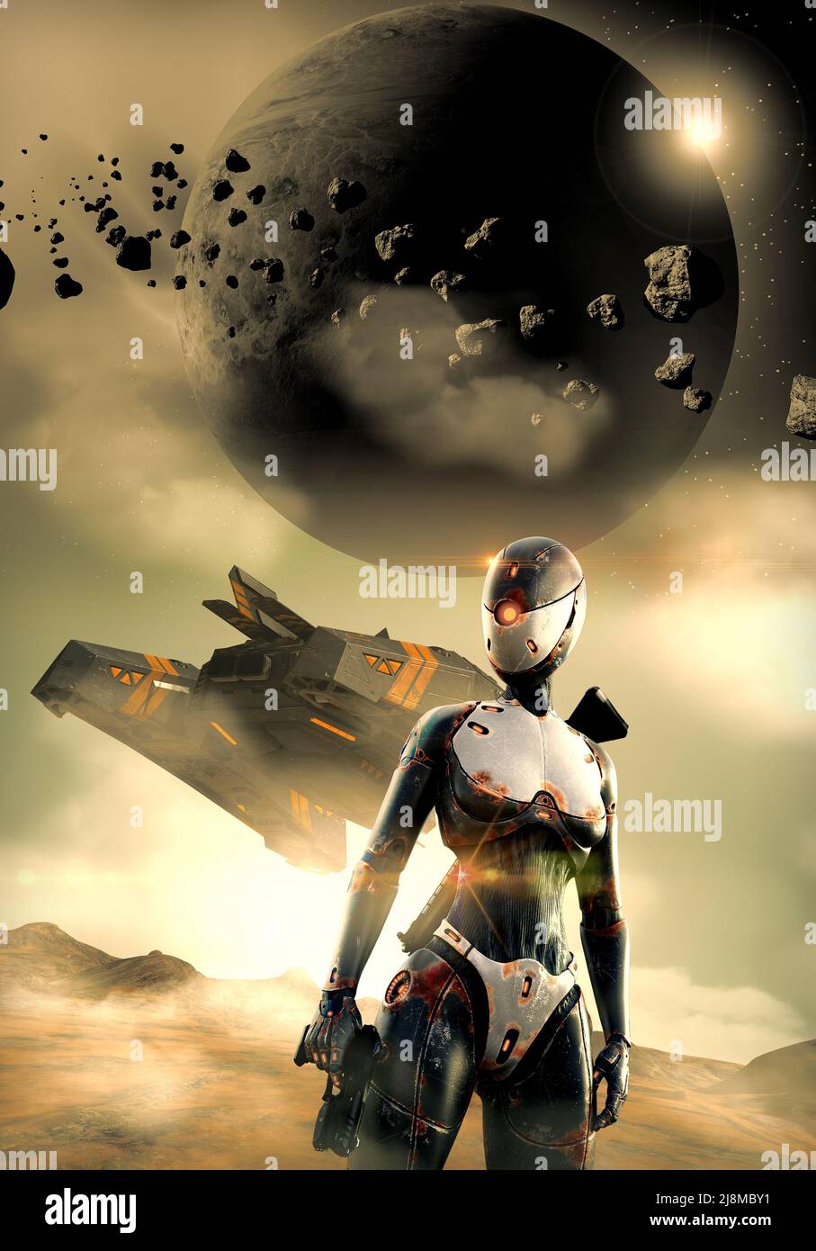 Sci-fi artwork of spaceship flying over alien landscape with an armed ...