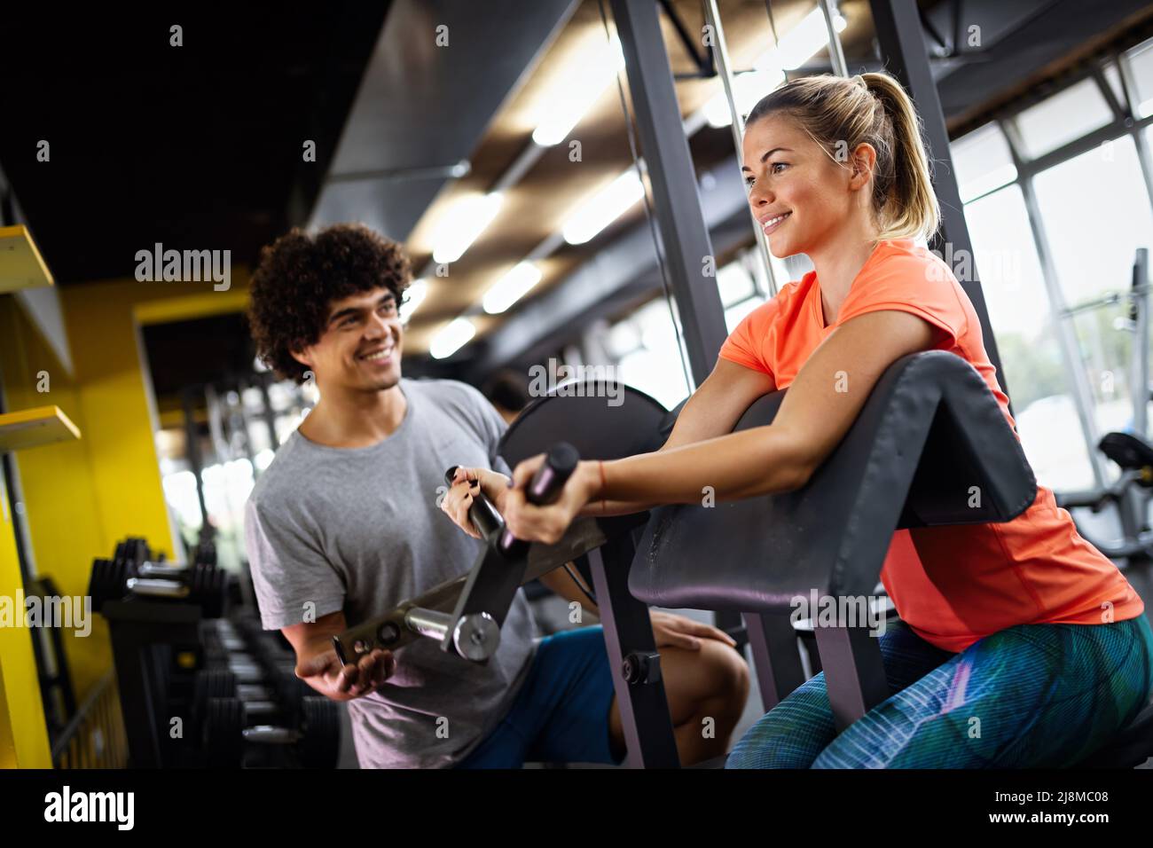 Portrait of happy fit people, friends exercising in gym together. Sport ...