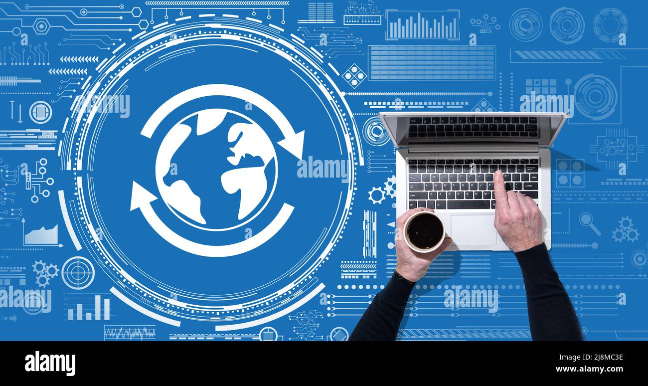 Top View Of Hands Using Laptop With Symbol Of Climate Change Concept top-view-of-hands-using-laptop-with-symbol-of-climate-change-concept