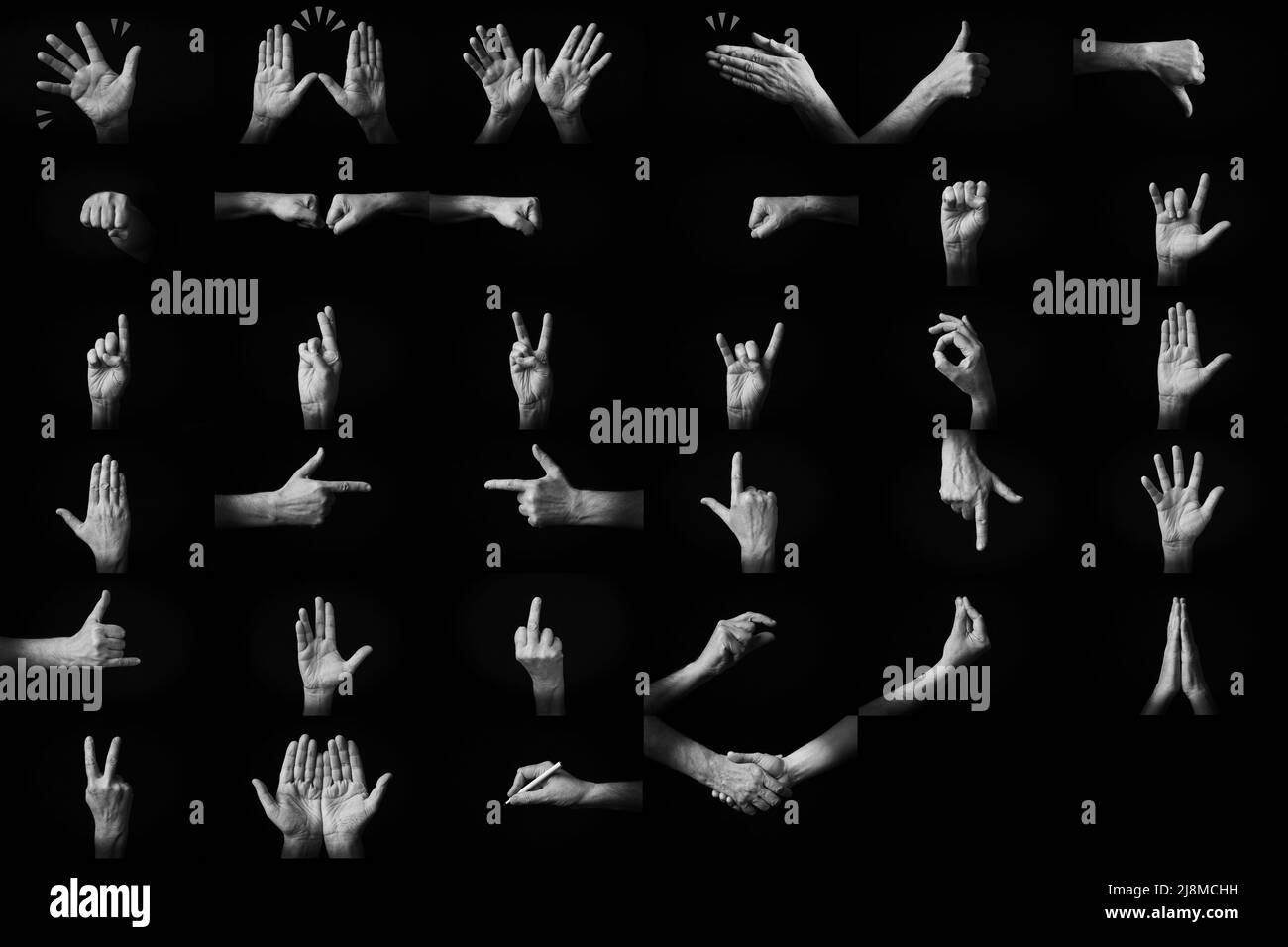 Dramatic black and white image of hand emojis collection isolated on ...