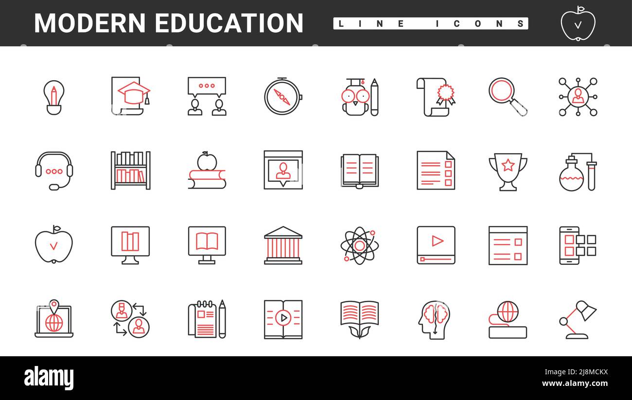 Modern education technology thin red and black line icons set vector ...
