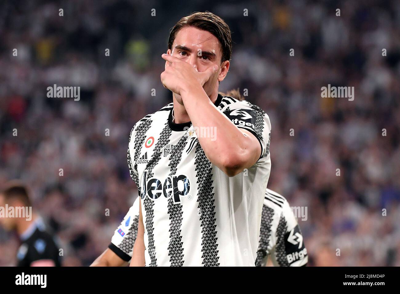 Dusan Vlahovic of Juventus FC celebrates with mask gesture in homage to ...