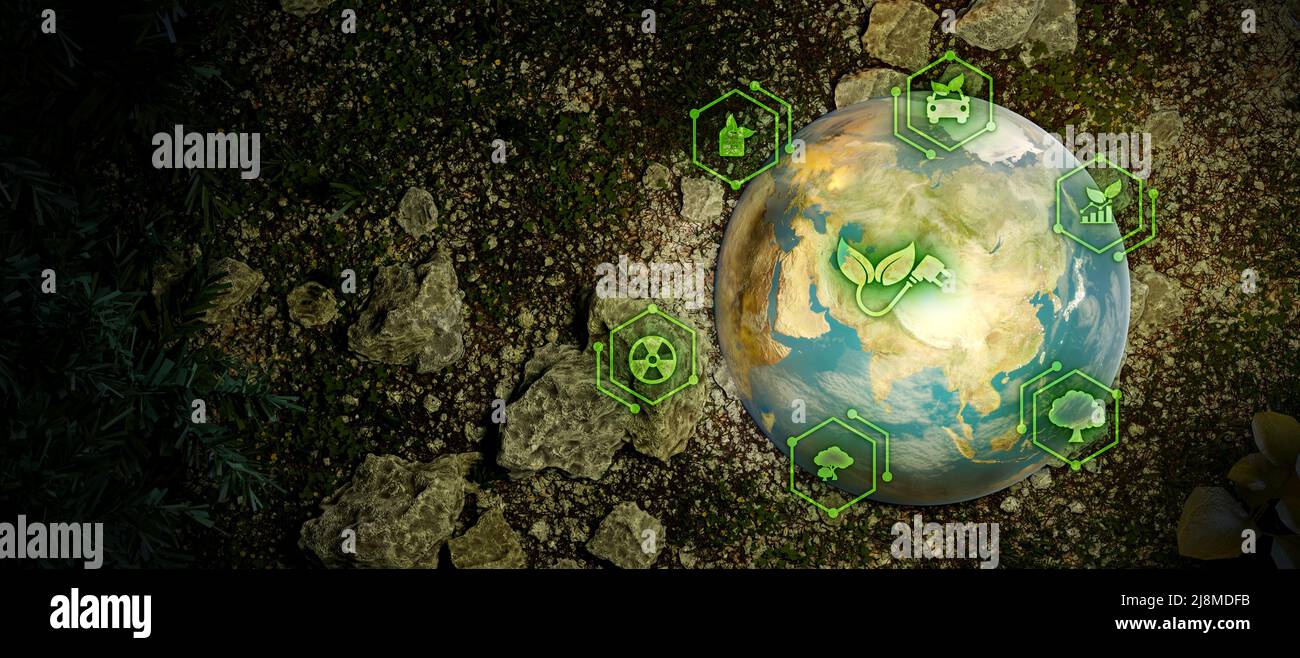 Eco Sustainability Globe Earth In Trees With ESG Icons Banner ...