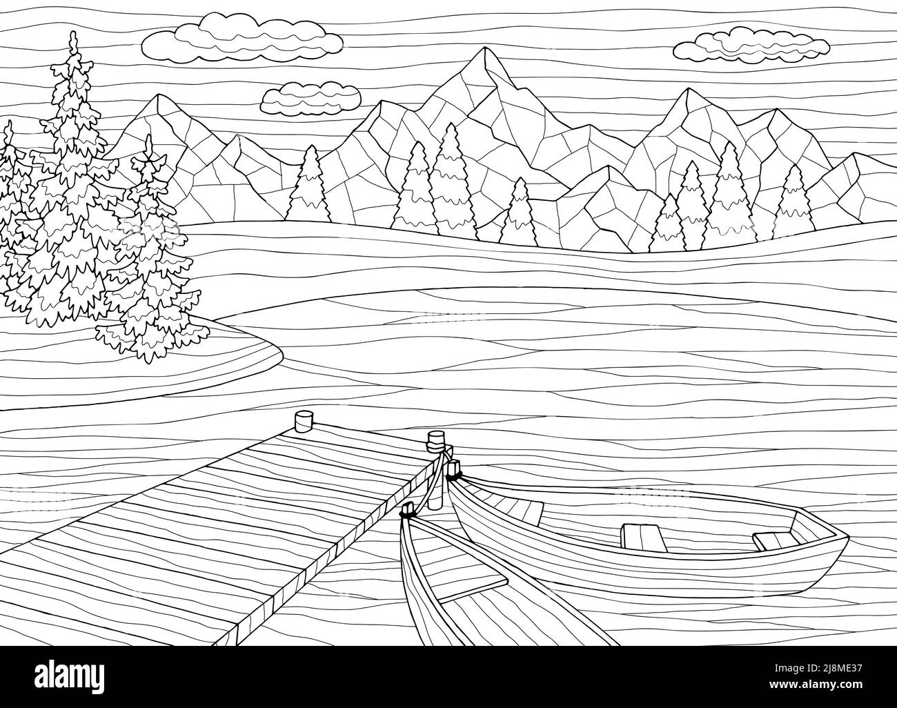 Mountain hill coloring graphic black white river landscape sketch ...