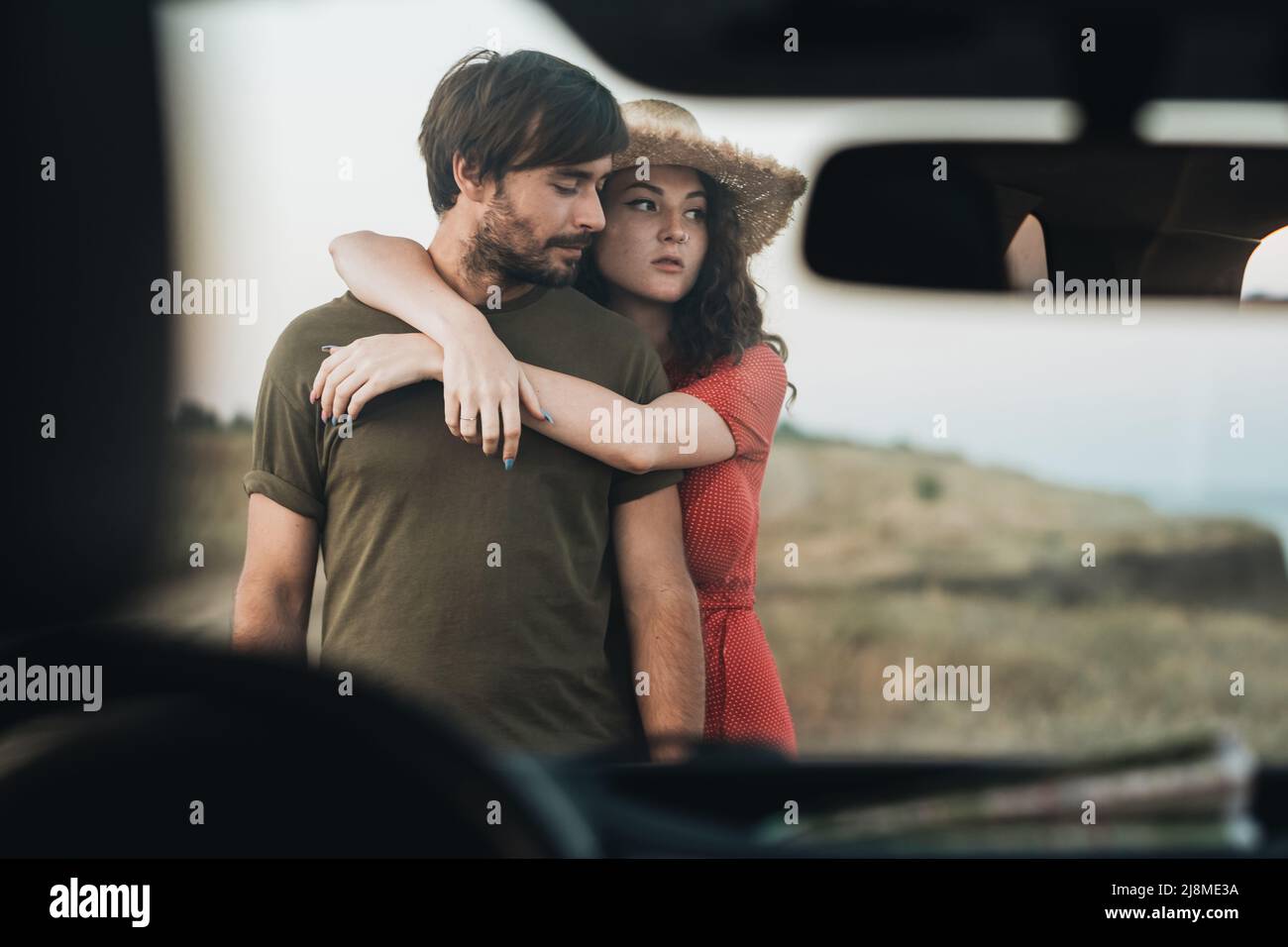 View Through Front Window of Car, Young Couple Man and Woman Having Fun ...