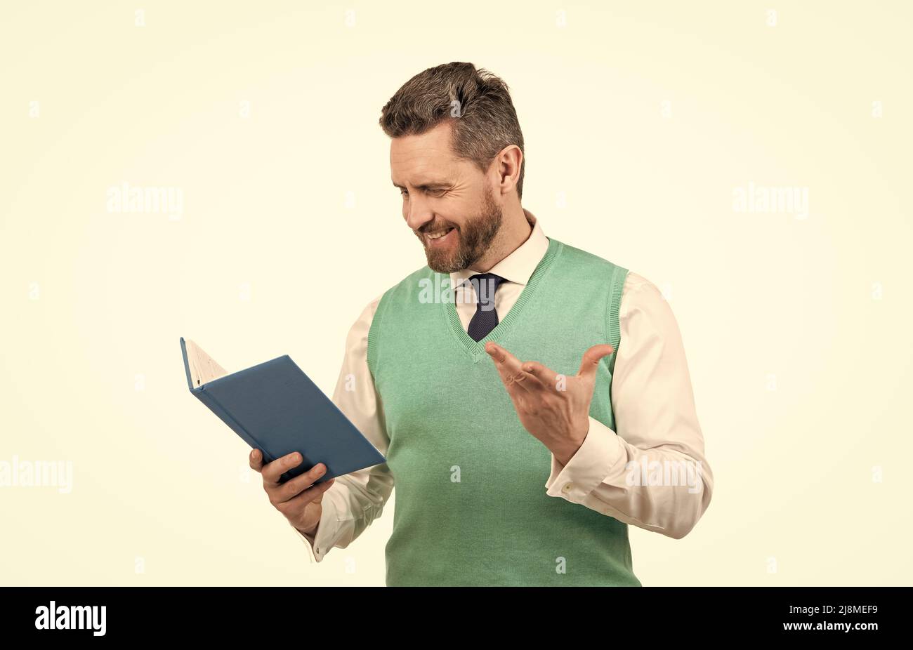 happy man read notebook isolated on white background, education Stock ...