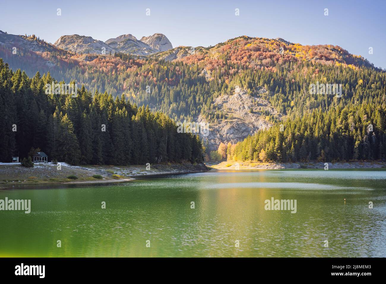 Panoramic morning view of Black Lake Crno Jezero. Calm summer scene of ...