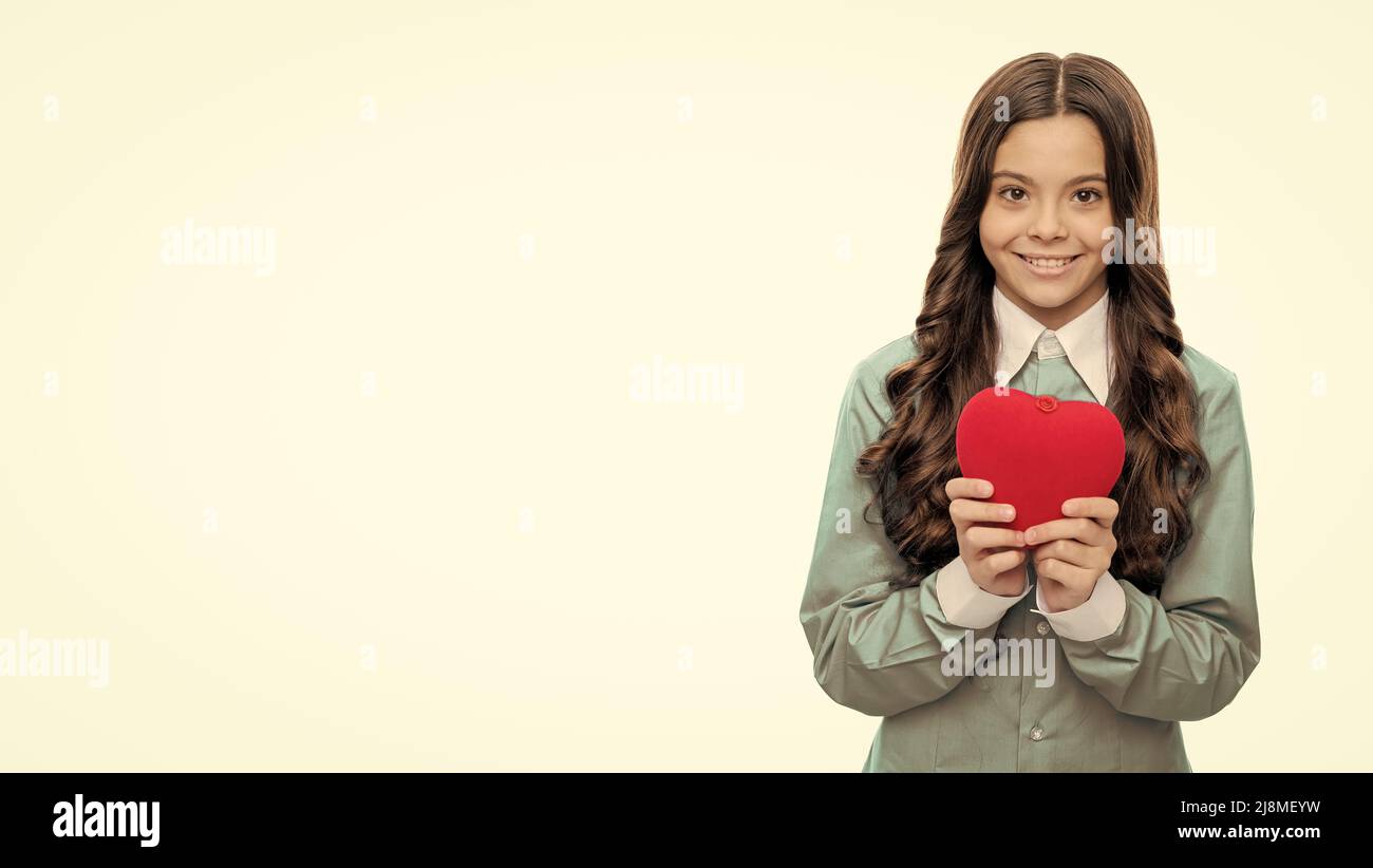 Happy girl in retro vintage style hold soft red heart love symbol copy ...