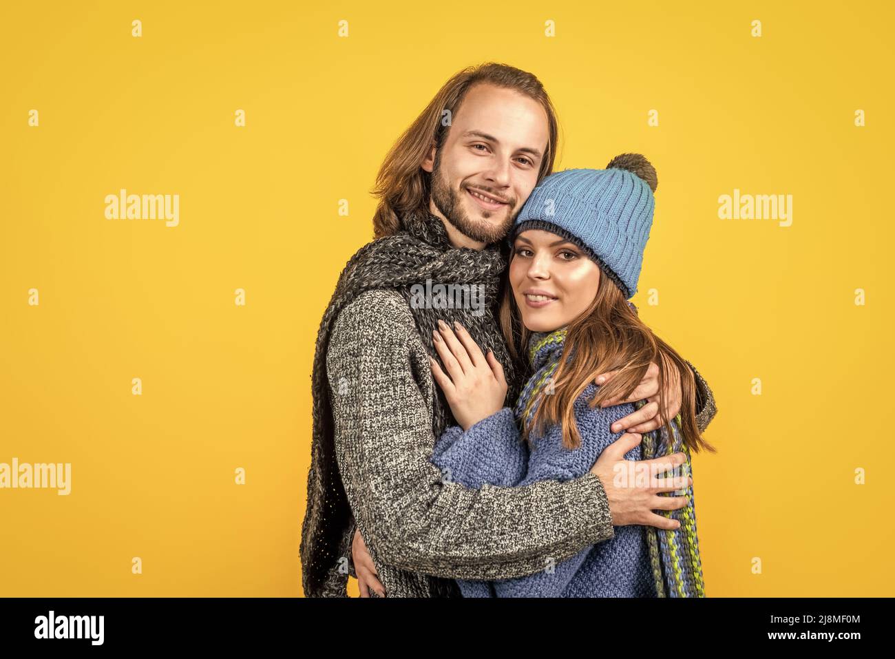 Romantic relationship. Happy couple yellow background. Married couple ...