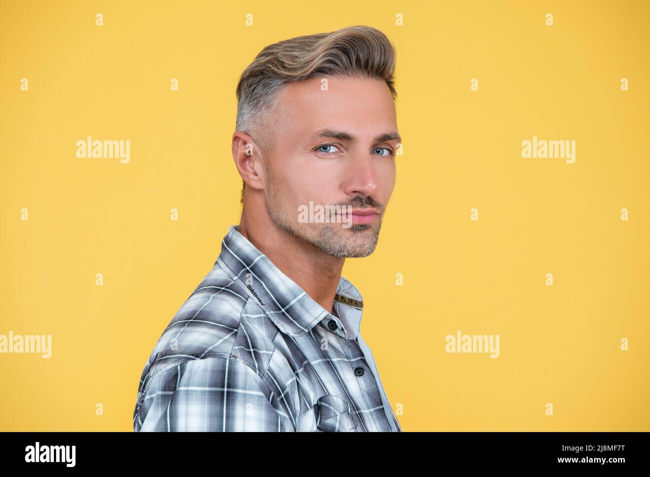 mature man with hoary hair on yellow background Stock Photo - Alamy