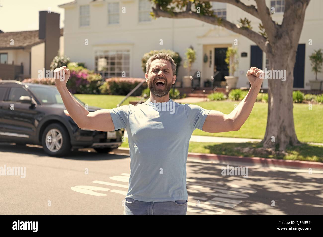 happy bearded man celebrate success. mature guy express happiness Stock ...