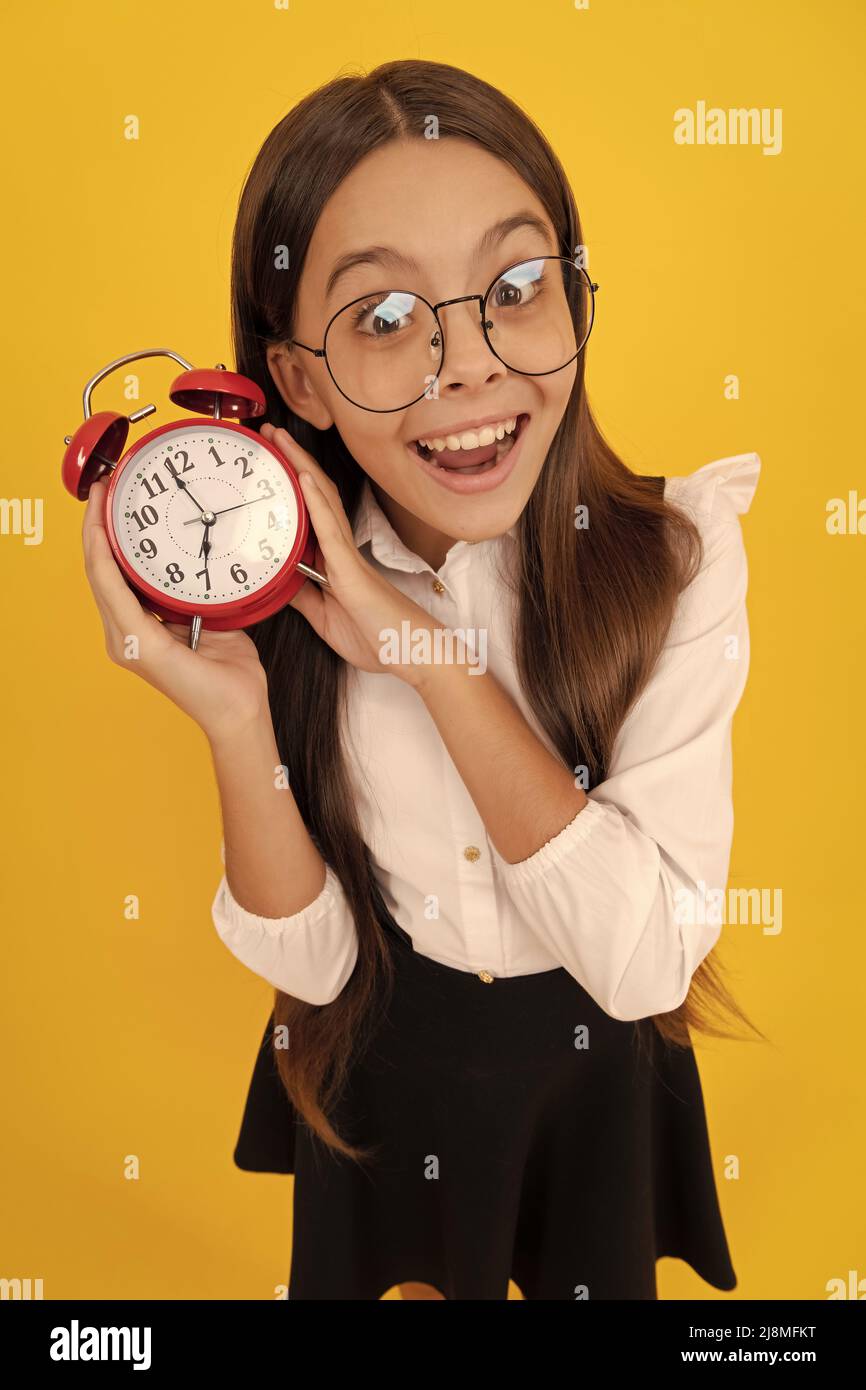 punctuality. last chance. punctual teen girl checking time. amazed nerd ...